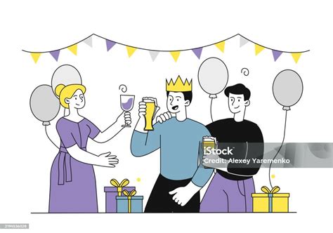 생일 파티에 있는 사람들 샴페인 잔을 가진 남자와 여자 친구들끼리 함께 축하합니다 파티 또는 이벤트 알코올 음료를 마시는 쾌활한 사람들 선형 벡터 그림 비즈니스에 대한 스톡