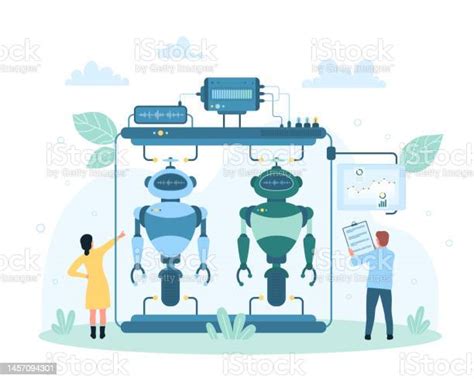 로봇 프로그래밍 하이테크 산업 사이보그와 함께 일하는 작은 엔지니어 Ai 두뇌 로봇에 대한 스톡 벡터 아트 및 기타 이미지