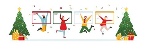 메리 크리스마스와 새해 복 많은 새해를 기원 하는 사람들 2022년 화상 통화 또는 웹 컨퍼런스를 통해 휴일을 축하하고 선물을 제공합니다 벡터 Film Screening에