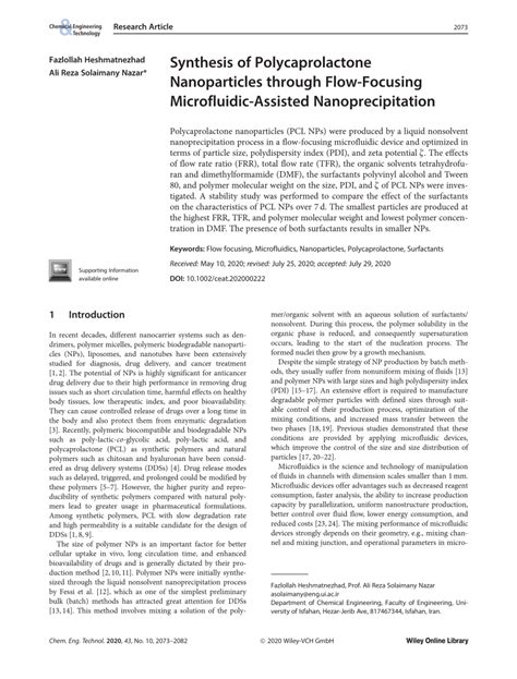 Pdf Polycaprolactone Nanoparticles Synthesis In The Presence Of Two Surfactants Through Flow
