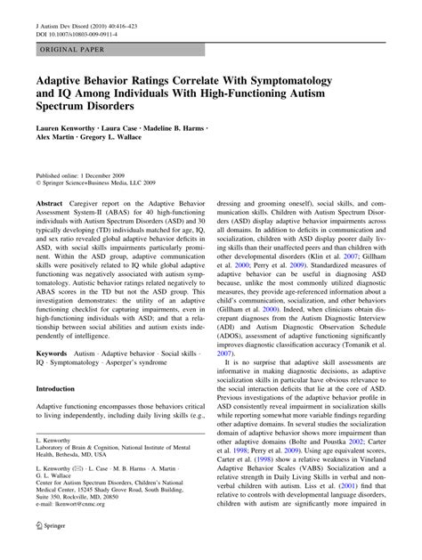 Pdf Adaptive Behavior Ratings Correlate With Symptomatology And Iq Among Individuals With High