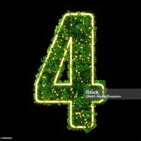 숫자 4 알파벳 녹색 식물 네온 빛나는 숫자는 클리핑 경로로 격리되어 있습니다 3d 그림 잎 잔디 이끼 바질 박하 0명에 대한