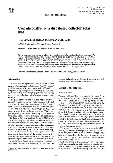 Pdf Cascade Control Of A Distributed Collector Solar Field