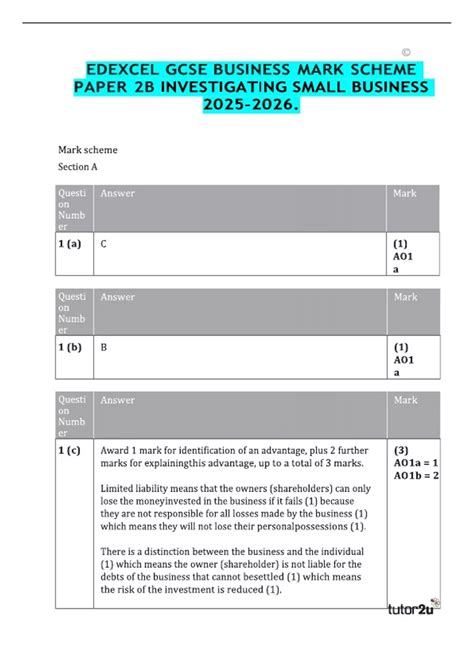Edexcel Gcse Business Mark Scheme Paper 2b Investigating Small Business Edexcel Gcse Paper