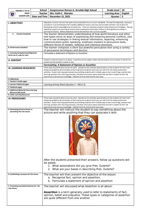 Formulating Assertion Or Opinion Dll Grades 1 To 12 Daily Lesson Log School Congressman Ramon