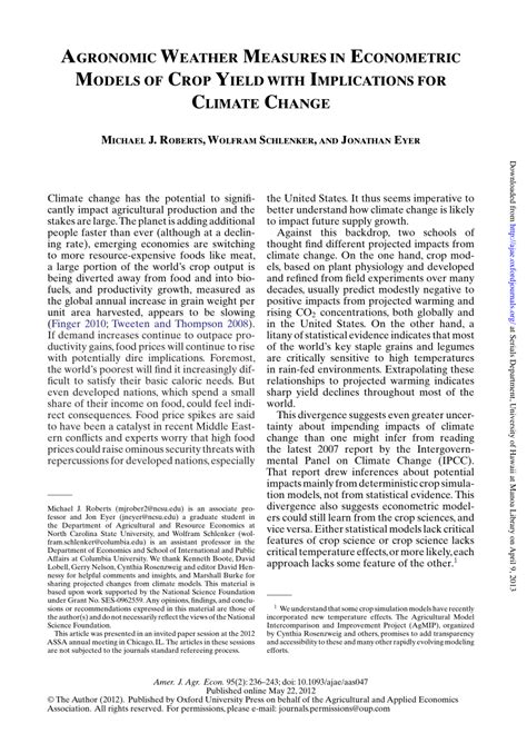 Pdf Agronomic Weather Measures In Econometric Models Of Crop Yield With Implications For