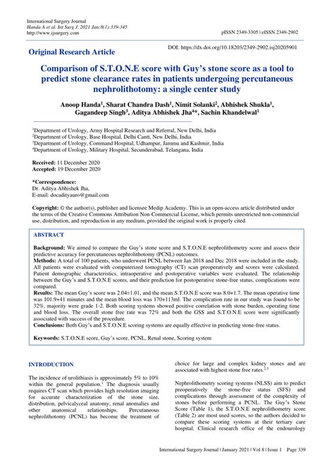 Pdf Comparison Of Stone Score With Guys Stone Score As A Tool To Predict Stone Clearance