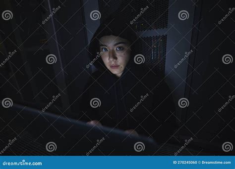 Laptop Hacker And Server With Portrait Of Woman For Coding Software And Cyber Security