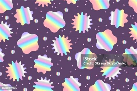 홀로그램 스티커가 있는 원활한 패턴입니다 화려한 무지개 꽃과 어두운 배경에 다른 모양의 점 벡터 일러스트 레이 션입니다 귀여운에 대한 스톡 벡터 아트 및 기타 이미지