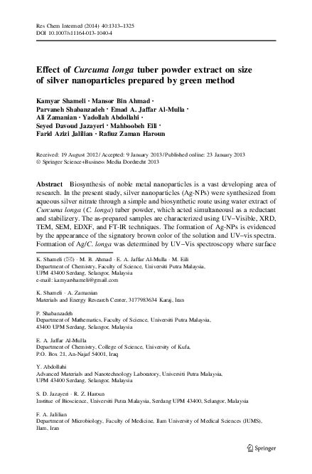 Pdf Effect Of Curcuma Longa Tuber Powder Extract On Size Of Silver Nanoparticles Prepared By