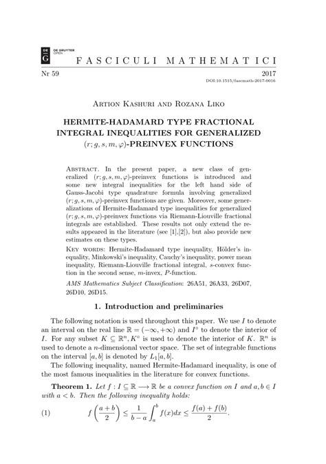 Pdf Hermite Hadamard Type Fractional Integral Inequalities For Generalized R G S M ϕ