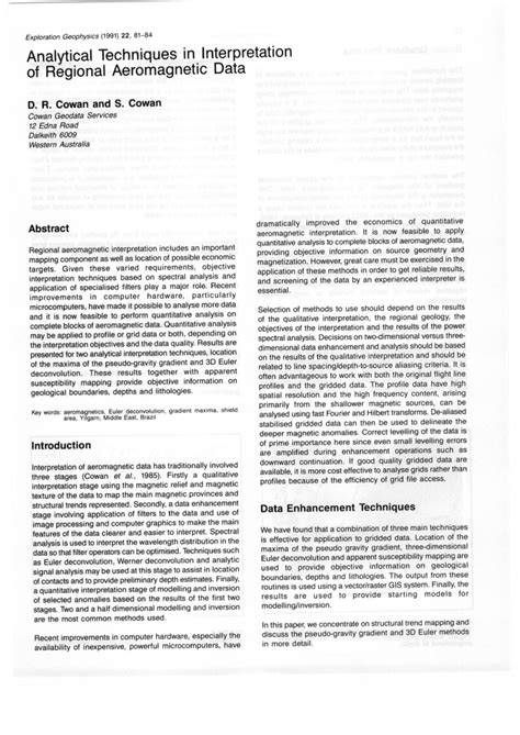 Pdf Analytical Techniques In Interpretation Of Regional Aeromagnetic Data