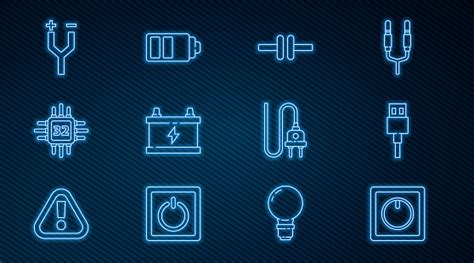 세트 라인 전등 스위치 Usb 케이블 코드 회로 구성표 자동차 배터리 미세 회로 Cpu가 있는 프로세서 플러그 및 배터리 충전 수준 표시기 아이콘 벡터 Cpu에 대한 스톡