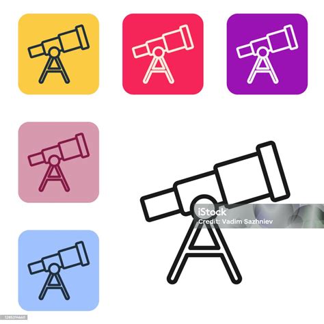 흰색 배경에 격리 된 검은 줄 망원경 아이콘 과학 도구 교육 및 천문학 요소 스파이 글래스 및 연구 별 색상 정사각형 단추로 아이콘을 설정합니다 벡터 Planetarium