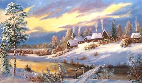 Картина на холсте Зимняя деревня купить картину маслом в картинной галереи Сайт подарков