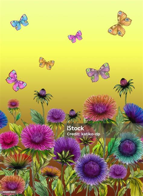 아름 다운 화려한과 꽃 꽃과 노란 배경에 밝은 나비 완벽 한 꽃 패턴입니다 수채화 그림입니다 손으로 그린 고 그린 그림 0명에 대한 스톡 벡터 아트 및 기타 이미지 Istock