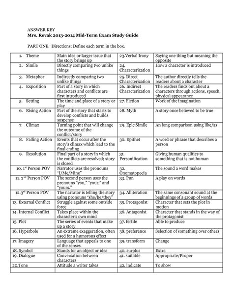 13 14 Updated Midterm Answer KEY Study Guide ANSWER KEY Mrs Revak 2013 2014 Mid Term Exam
