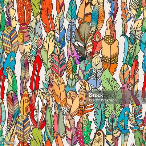 임의의 환상 깃털으로 완벽 한 패턴입니다 벽지 웹 페이지 배경 인사말 카드 직물 인쇄 색칠 하기 책 깃털에 대한 스톡 벡터 아트 및 기타 이미지 Istock