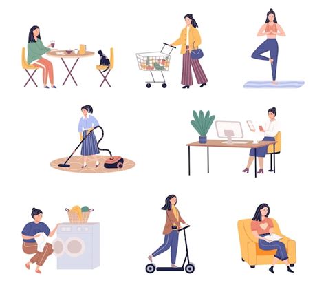 시간을 보내는 여성의 일상 활동 프리미엄 벡터