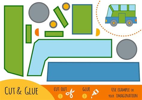 어린이를 위한 교육용 종이 게임 버스 가위와 풀을 사용하여 이미지를 만듭니다 프리미엄 벡터