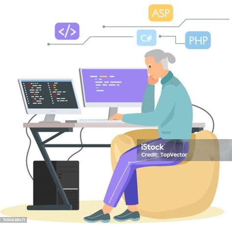 프로그래머 엔지니어링 및 코딩 컴퓨터에서 웹 개발 작업을 하는 프로그래머 개발에 대한 스톡 벡터 아트 및 기타 이미지 개발