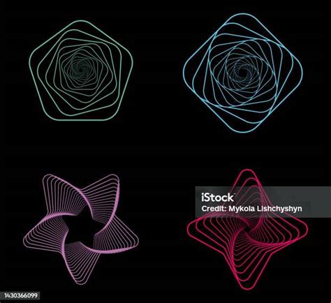 꼬인 색의 나선형 세트 신성한 기하학 사각형 오각형 및 별 형태의 선이있는 터널 벡터 기하학적 프랙탈 요소 Sacred