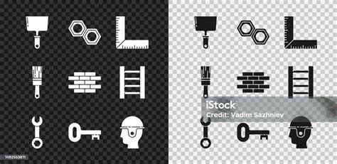 퍼티 나이프 육각형 금속 너트 코너 눈금자 렌치 스패너 오래된 키 작업자 안전 헬멧 페인트 브러시 및 벽돌 아이콘을 설정합니다