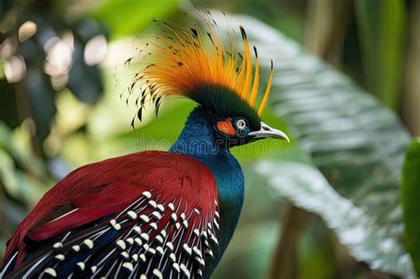 Close Up Of Exotic Bird With Its Feathers In Full Display Surrounded By Lush Greenery Stock