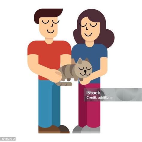 국내 고양이를 들고 있는 남자와 여자 간단한 플랫 스타일로 고양이와 커플 흰색 배경에 격리된 벡터 그림 애완고양이에 대한 스톡