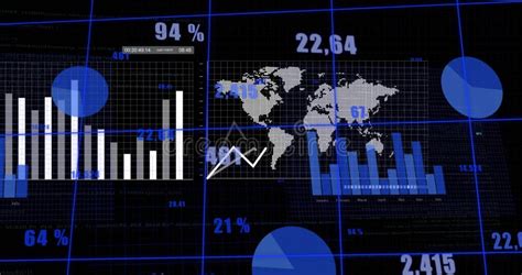 Image Of Statistical Data Processing Over Grid Network On Black Background Stock Illustration