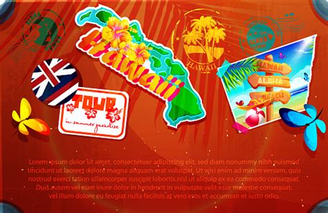 만화 스타일의 알로하 하와이 열대 휴가 개념 나비와 텍스트를 위한 장소가 있는 하와이 관광 수하물의 클로즈업 0명에 대한 스톡