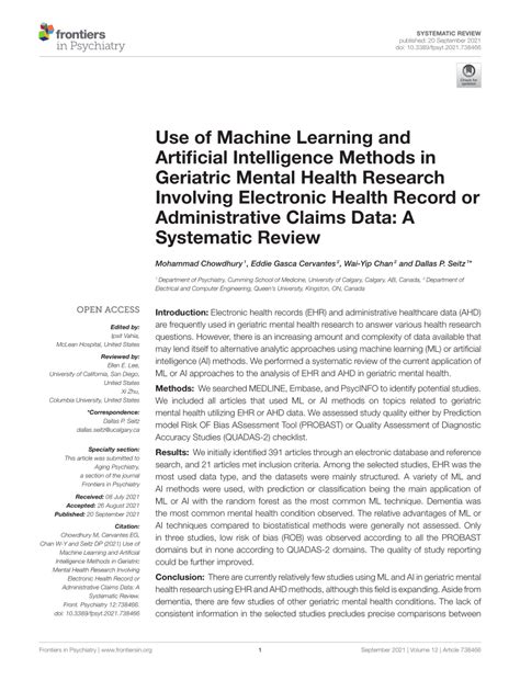 Pdf Use Of Machine Learning And Artificial Intelligence Methods In Geriatric Mental Health