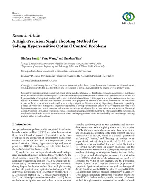 PDF A High Precision Single Shooting Method For Solving Hypersensitive Optimal Control Problems