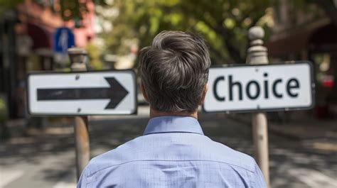 Premium Photo Contemplative Man At Crossroads With Choice Two Way Sign Symbolizing Decision