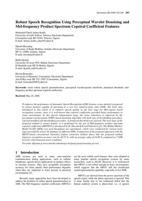 Pdf Robust Speech Recognition Using Perceptual Wavelet Denoising And Mel Frequency Product