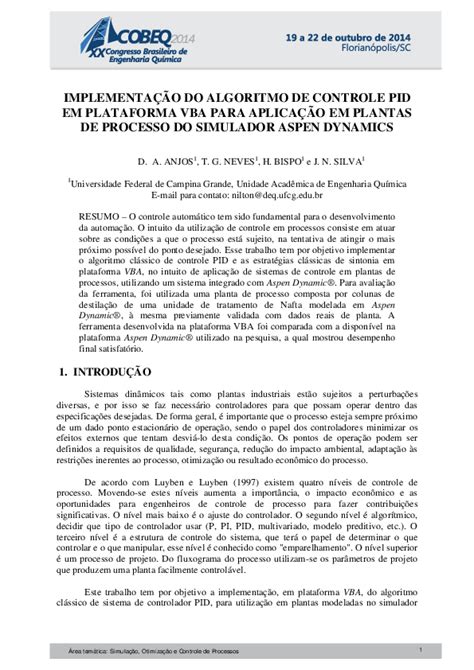 Pdf Implementação Do Algoritmo De Controle Pid Em Plataforma Vba Para
