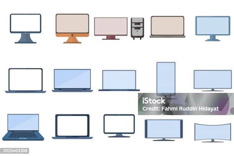 전자 및 장치 관련 아이콘 모음입니다 컴퓨터 및 노트북 아이콘 컴퓨터 하드웨어 노트북 및 컴퓨터 벡터 표지판 모음 흰색 배경에 평평한 벡터 그림입니다 0명에 대한 스톡 벡터