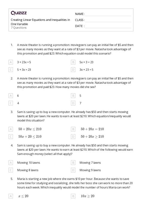 50 Two Variable Inequalities Worksheets For 10th Grade On Quizizz