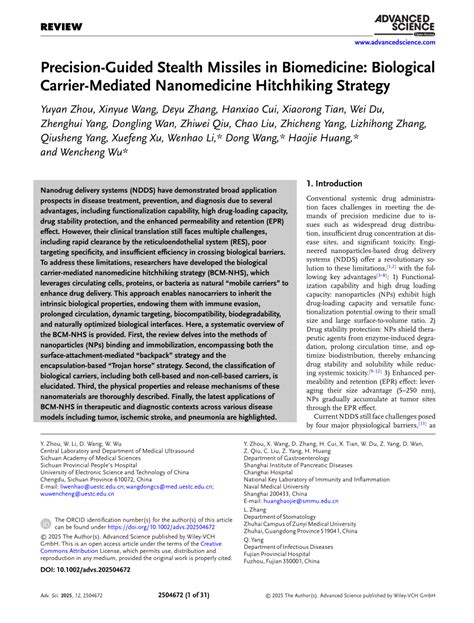 Pdf Precision‐guided Stealth Missiles In Biomedicine Biological Carrier‐mediated Nanomedicine