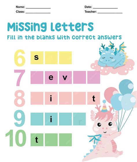누락된 문자 워크시트 숫자에 해당하는 글자를 영어로 완성하세요 어린이 교육용 게임 프리미엄 벡터