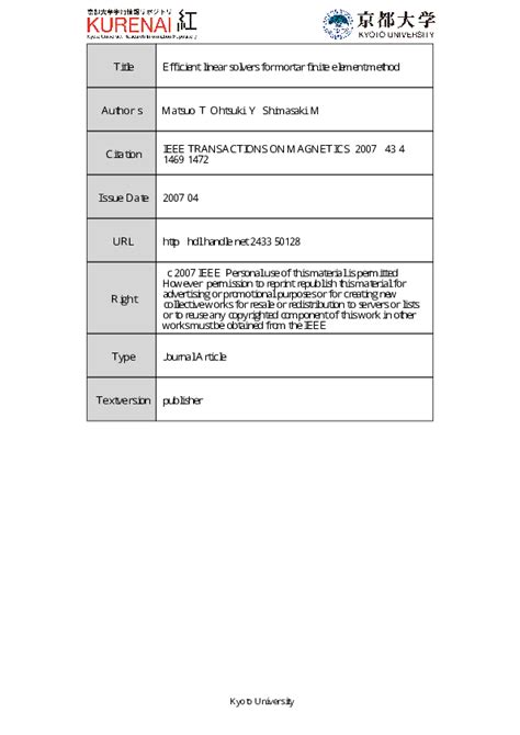 Pdf Efficient Linear Solvers For Mortar Finite Element Method