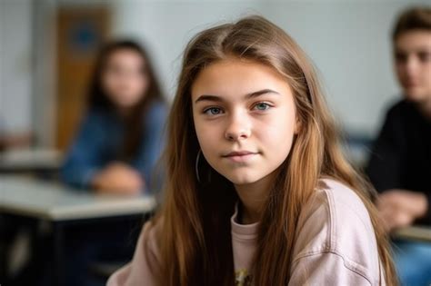 Premium AI Image Portrait Of A Teenage Girl Sitting In Classroom With Her Friends Created With