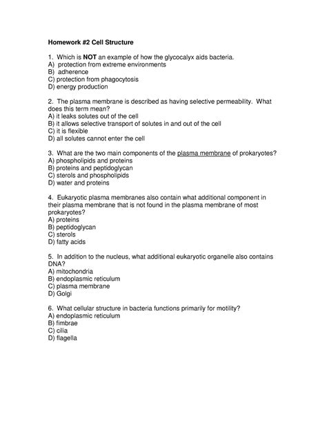 Cell Structure Homework Questions Homework 2 Cell Structure Which Is
