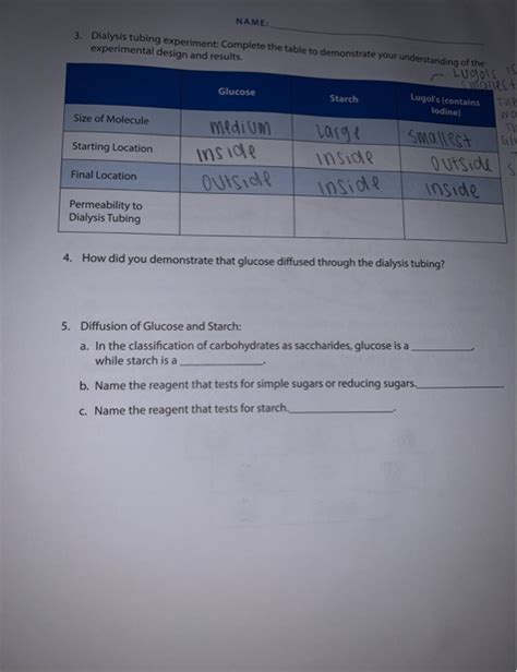 Solved Name 3 Dialysis Tubing Experiment Complete The