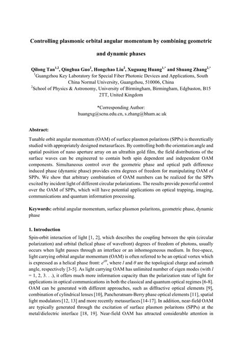 Pdf Controlling Plasmonic Orbital Angular Momentum By Combining Geometric And Dynamic Phase