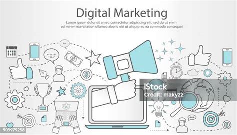 디지털 마케팅 개념입니다 플랫 개요 벡터 일러스트입니다 0명에 대한 스톡 벡터 아트 및 기타 이미지 0명 광고 기민