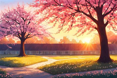 Cherry Blossoms Tree In The School Yard During Golden Hour Generative Ai Illustration Stock Cherry Blossoms Tree In The School Yard During Golden Hour Generative Ai Illustration Stock