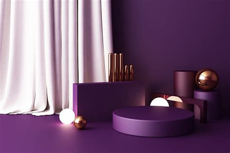 제품 디자인 3d 렌더링 3d 일러스트레이션을 위해 보라색 색상 연단으로 기하학적 모양의 금색과 유리 질감의 구성을 모의 0명에 대한 스톡 사진 및 기타 이미지 Istock