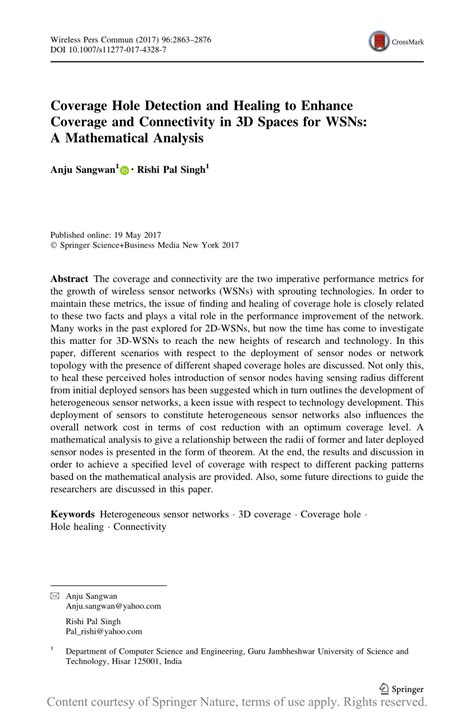 Coverage Hole Detection And Healing To Enhance Coverage And Connectivity In 3d Spaces For Wsns