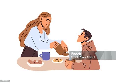 친절한 소녀는 사람에게 커피를 대접합니다 주부는 손님을 돌보고 찻 주전자에서 컵에 차를 붓습니다 부부는 함께 식탁에서 아침 식사를합니다 흰색 배경에 평평한 고립 된 벡터